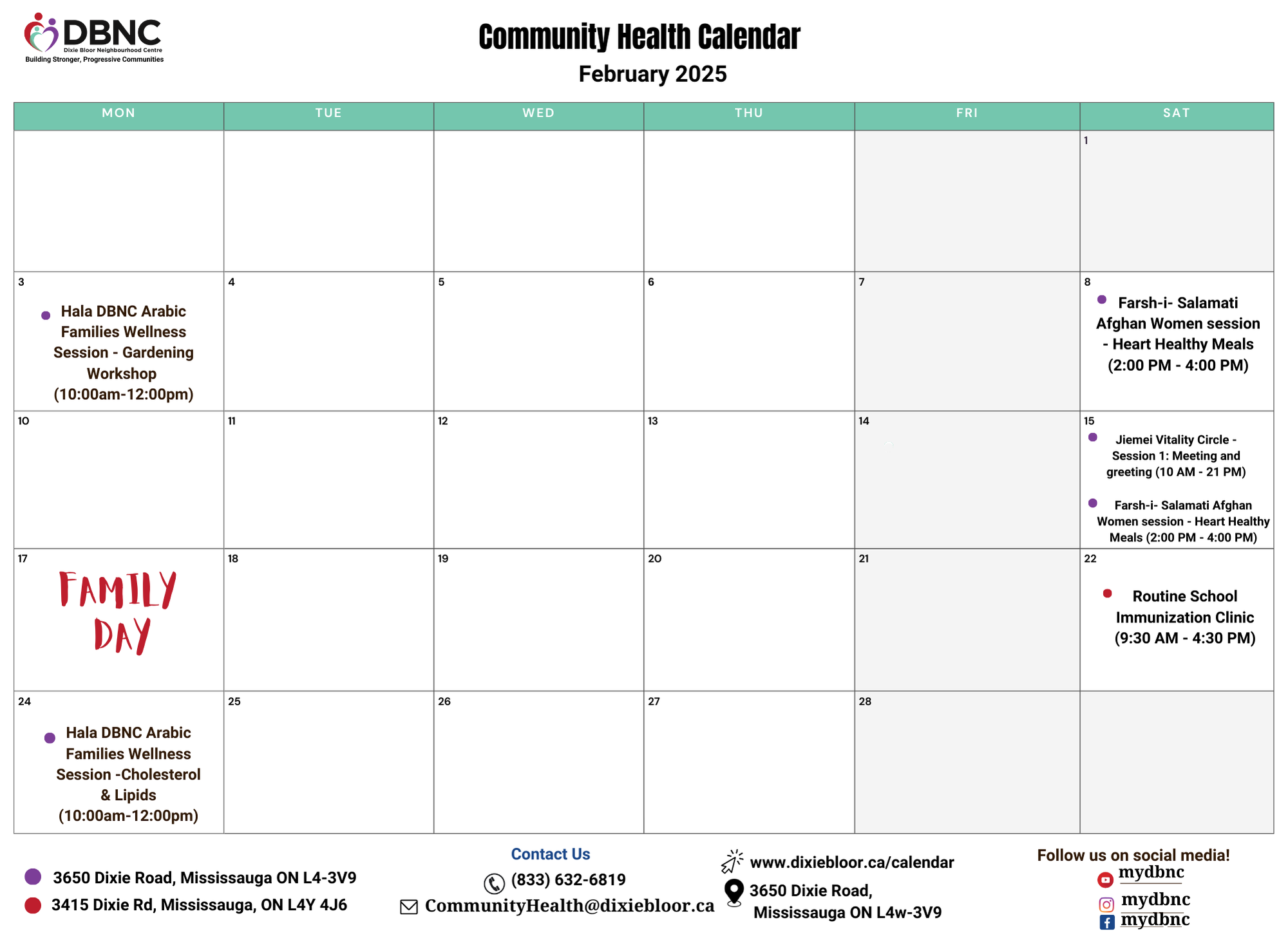 Community Health Calendar – Dixie Bloor